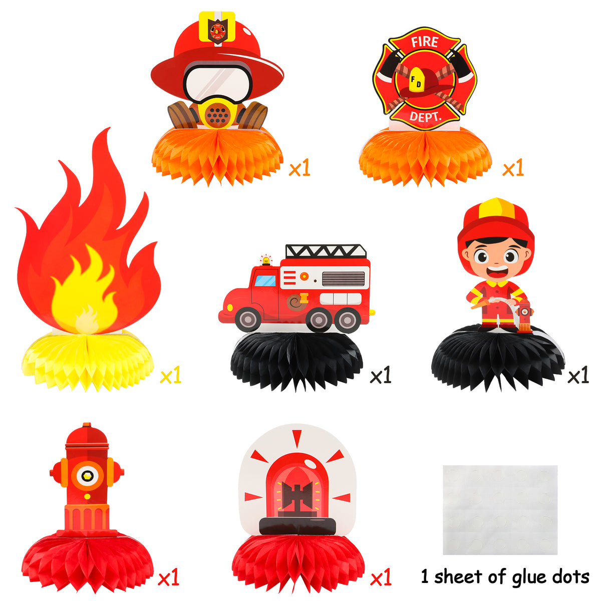 MALLMALL6 7Pcs Firefighter Honeycomb Centerpieces Fireman Themed Table